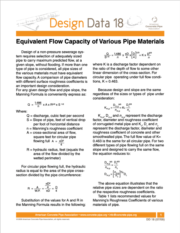 Equivalent Flow Capacity of Various Pipe Materials